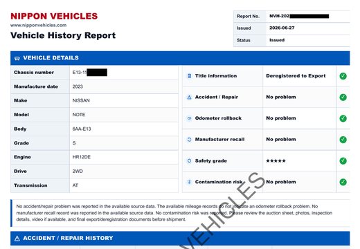 Sample Japanese Vehicle History Report | Auction Sheet & Mileage Check