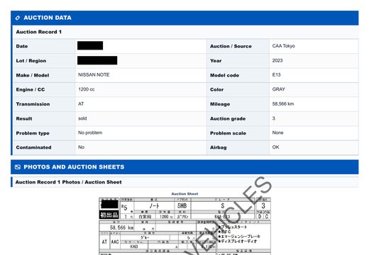 Sample Japanese Vehicle History Report | Auction Sheet & Mileage Check